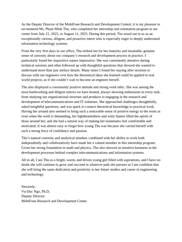 Pham Minh Thu - Letter of Recommendation - Internship (3) | PDF ...