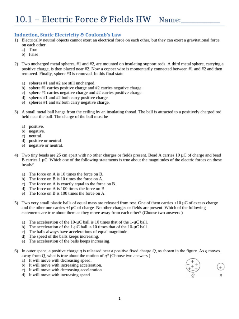 Electric Forces and Fields Homework | PDF | Force | Electric Charge