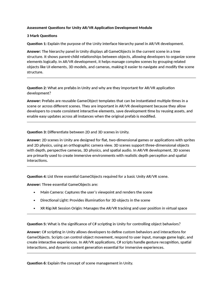 Unity AR/VR Development Assessment Questions | PDF | Augmented Reality ...