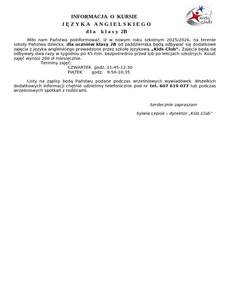 Szkoła SP10 - klasa 2B- język angielski - Kids CLub 2025 | PDF