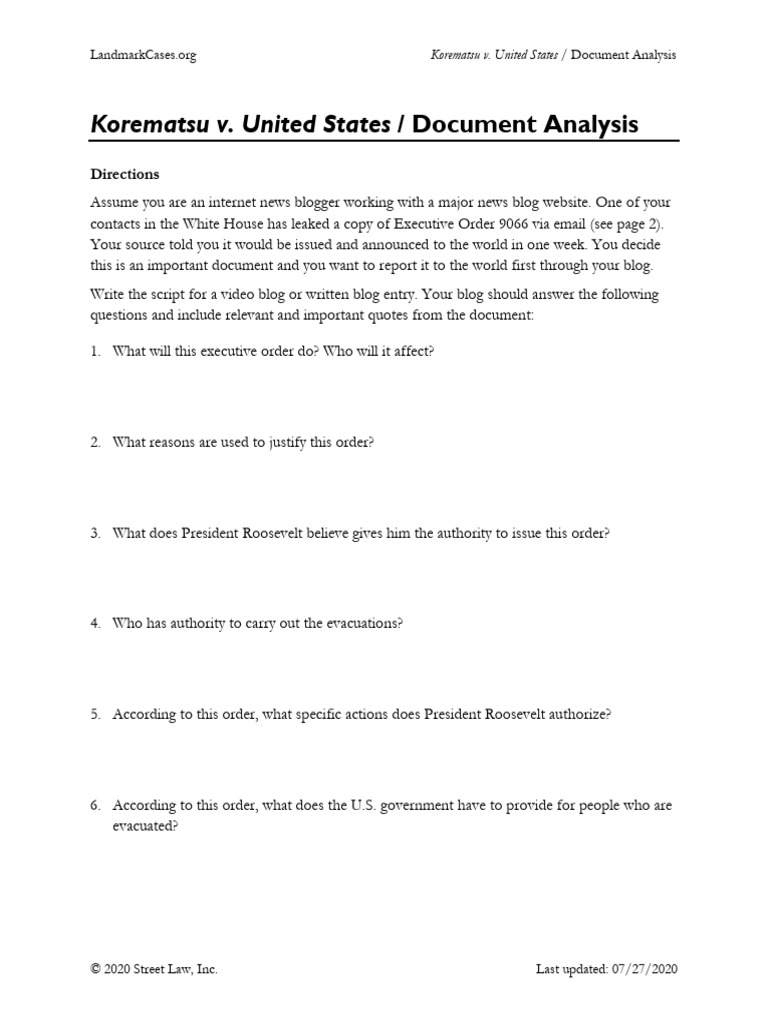 Korematsu Case: Executive Order 9066 Analysis | PDF | Blog | Executive ...