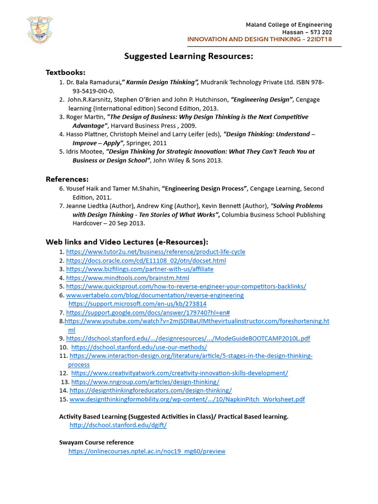 Resource References For Innovation and Design Thinking Course | PDF ...