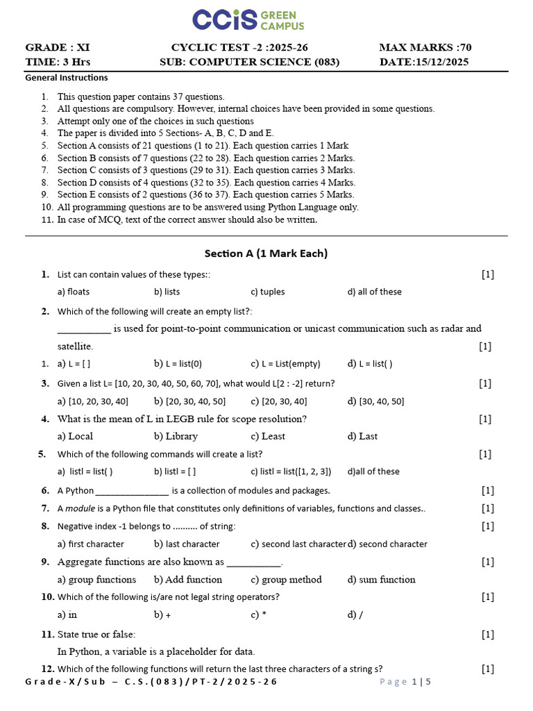 grade 11 sci CT-2 CS QP | PDF | Boolean Data Type | String (Computer ...