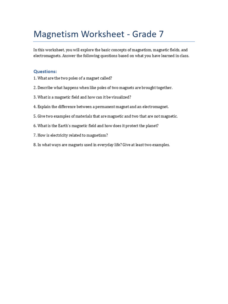 Magnetism Worksheet Grade7 | PDF