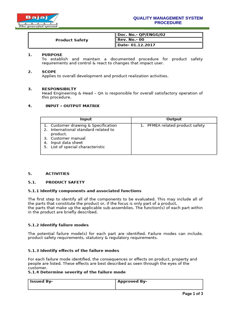 Product Safety Management Procedure | PDF