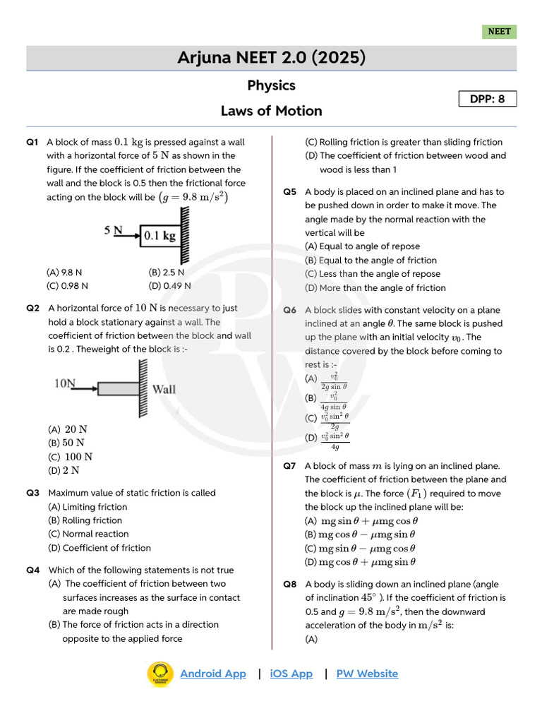 Laws of Motion _ DPP 08 (of Lec 16) __ Arjuna NEET 2.0 2025 | PDF ...