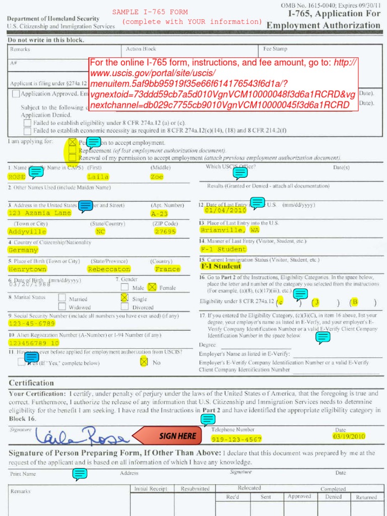 Sample I-765 Employment Authorization Form | PDF