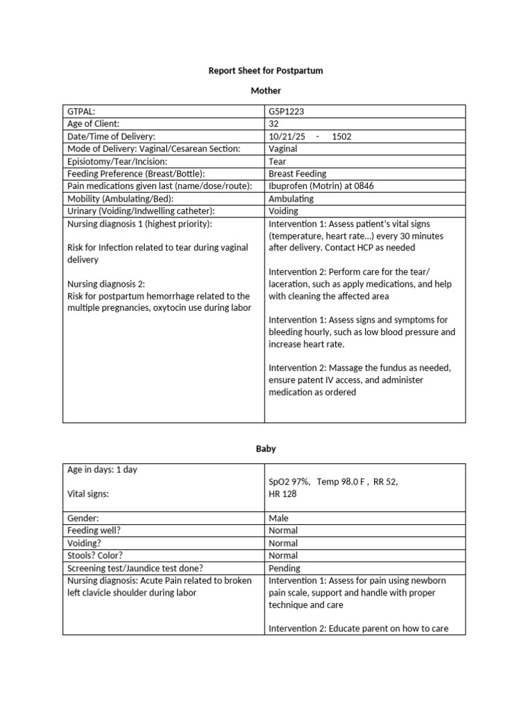 Postpartum Report Sheet For Clinical-1-1 | PDF | Childbirth ...