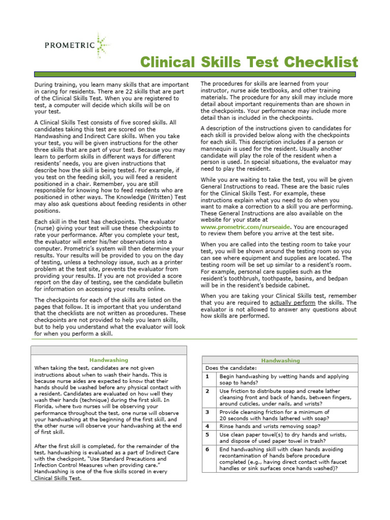 Prometric Clinical Skills Checklist | PDF | Hand Washing | Dentures