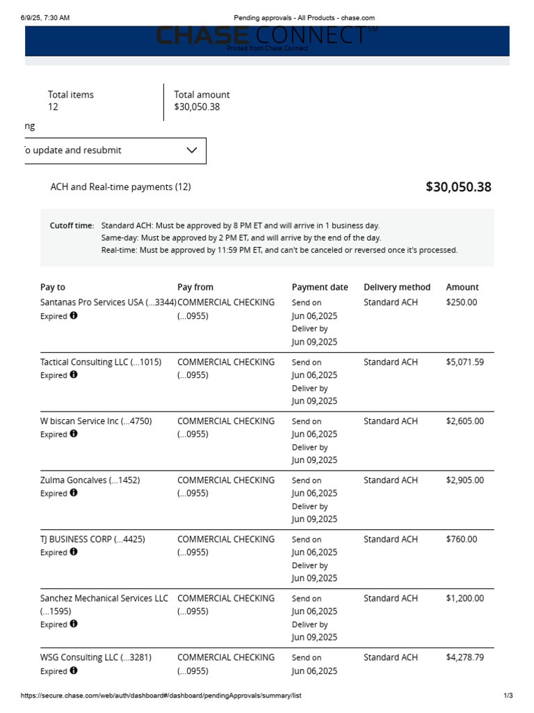 ACH Payment Summary and Deadlines | PDF | Chase Bank | Companies