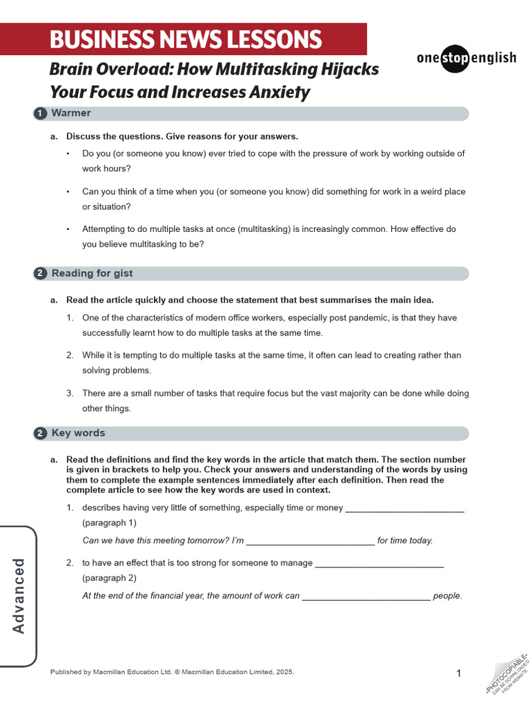 Businessnewslessons Multitasking Advancedworksheet 1145 | PDF