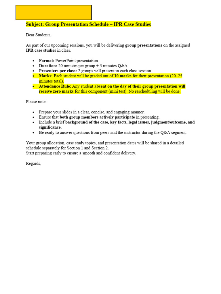 IPR Case Studies Presentation Schedule | PDF