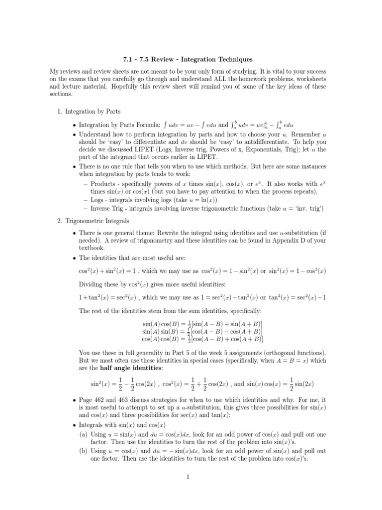 Integration Techniques Review 7.1-7.5 | PDF | Trigonometric Functions ...