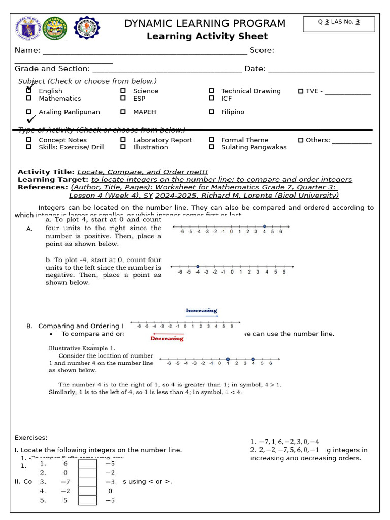 LAS Q3 L3 Locating Comparing and Ordering Integers (1) | PDF