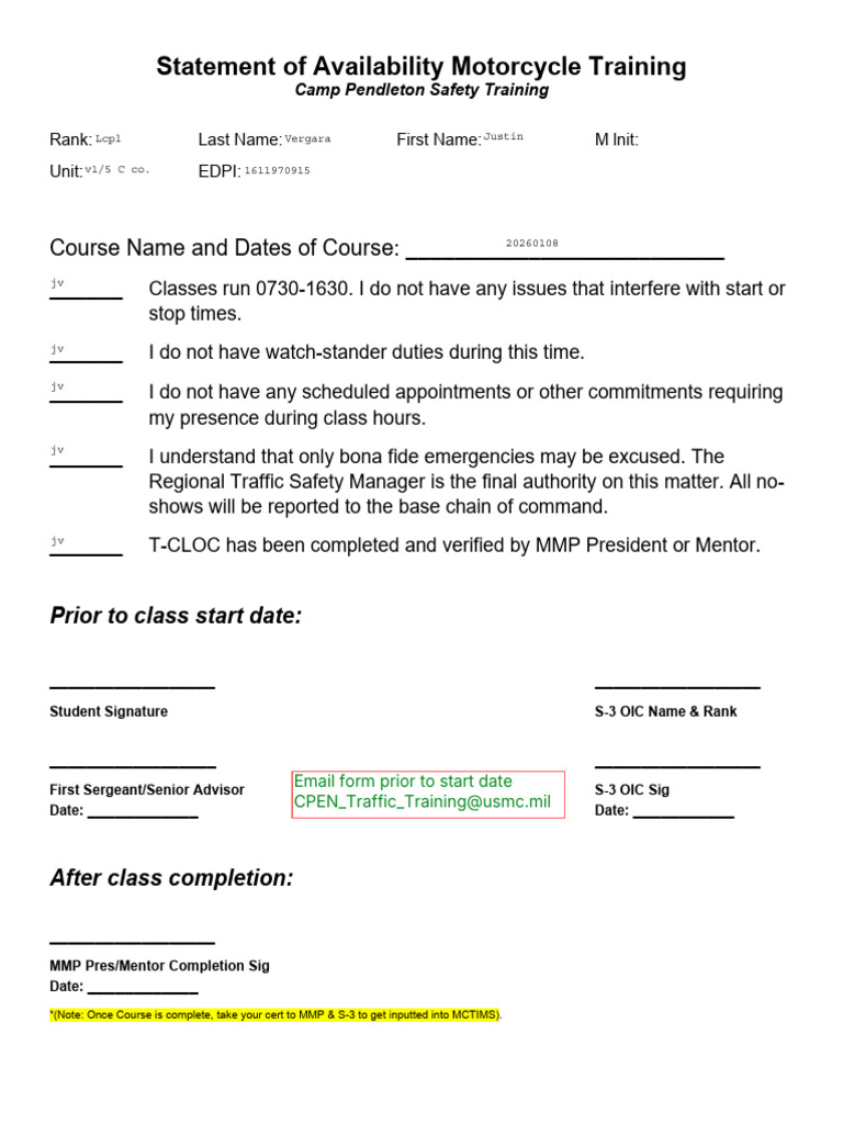 Statement of Availability Motorcycle Training: Course Name and Dates of ...