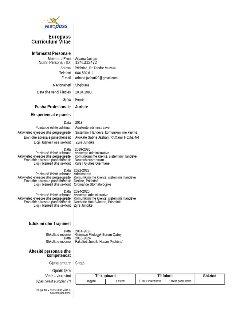 CV Europas Shqip | PDF