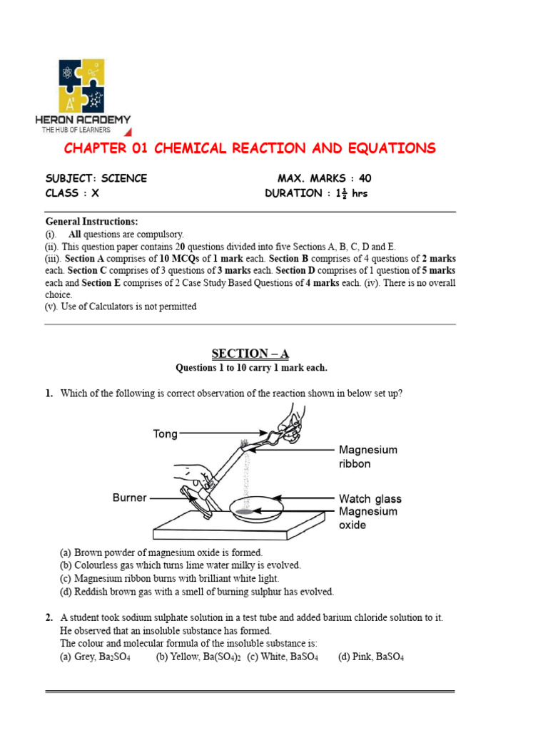 Science Class x Chapter 01 Chemical Reaction and Equations Practice ...