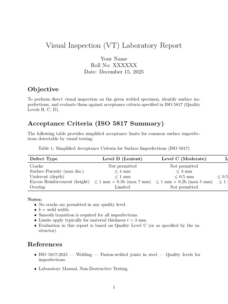Visual Inspection (VT) Laboratory Report: Objective | PDF