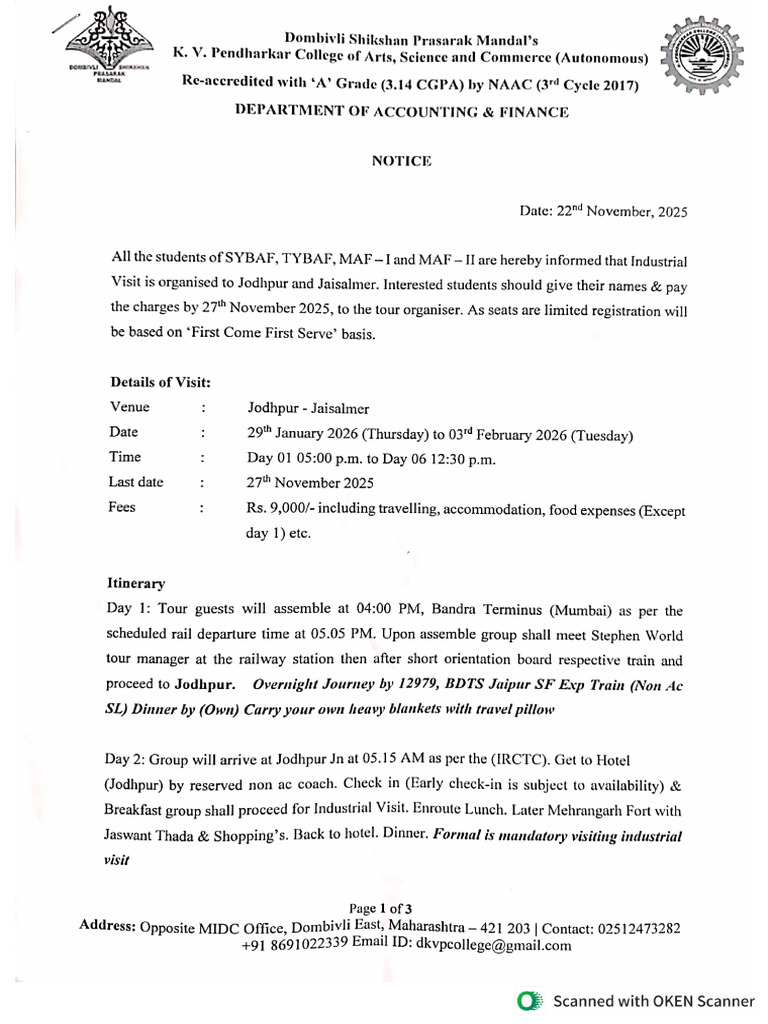 Notice - Industrial Visit 2025-26 | PDF
