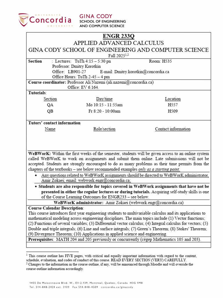 Course Outline_ENGR 233Q | PDF | Integral | Mathematics
