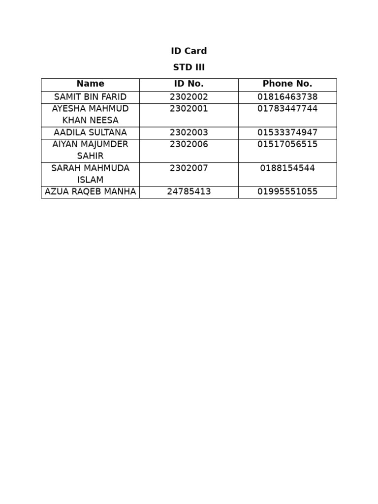 ID Card STD III | PDF