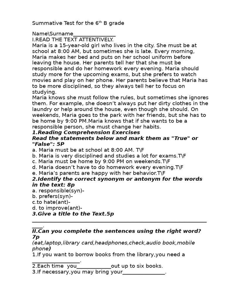 6th Grade Summative Test Guide | PDF