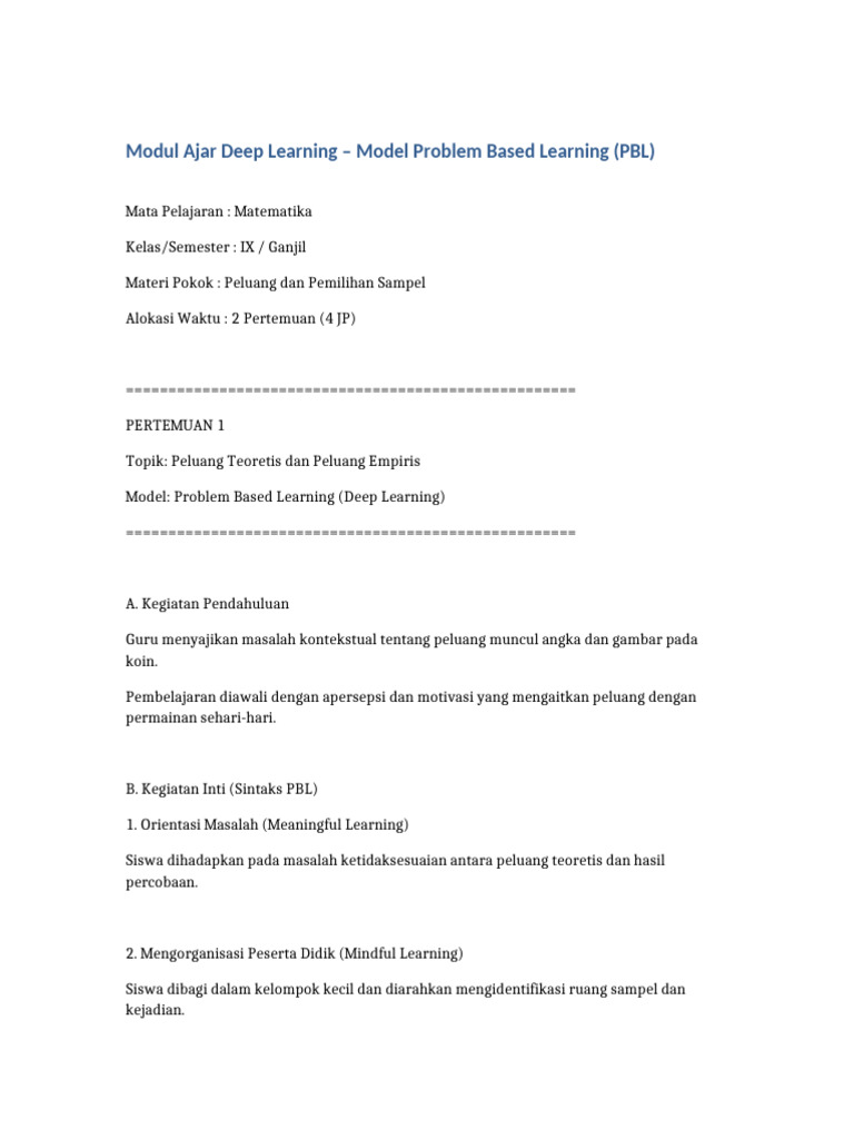 Pembelajaran Peluang dan Sampel PBL | PDF