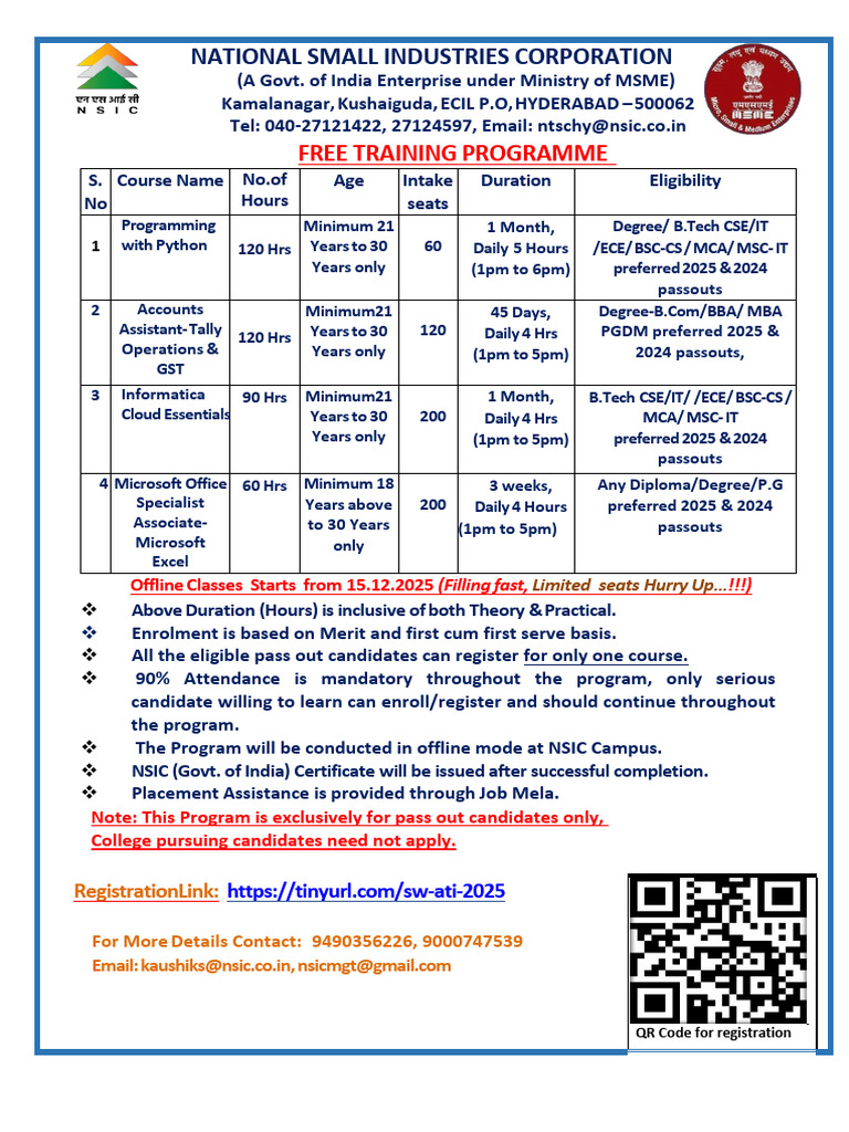 NSIC-TSC Hyd - Free Training 15.12.2025 | PDF | Educational Stages | Qualifications