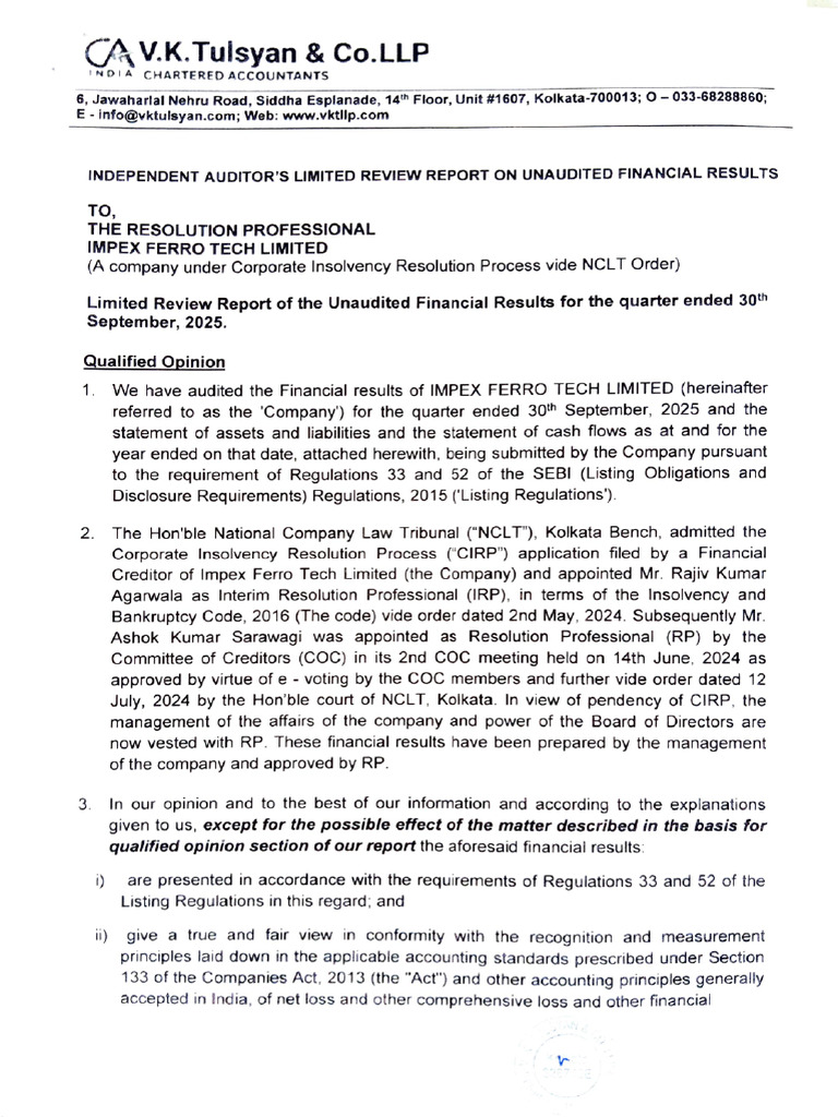 Limited Review Report for Impex Ferro Tech | PDF | Going Concern | Expense