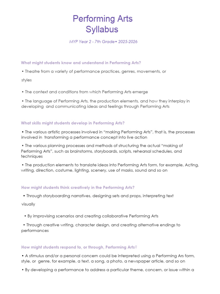 PERFORMING ARTS 7th grade Syllabus 2025-2026 (1) | PDF | Academic ...