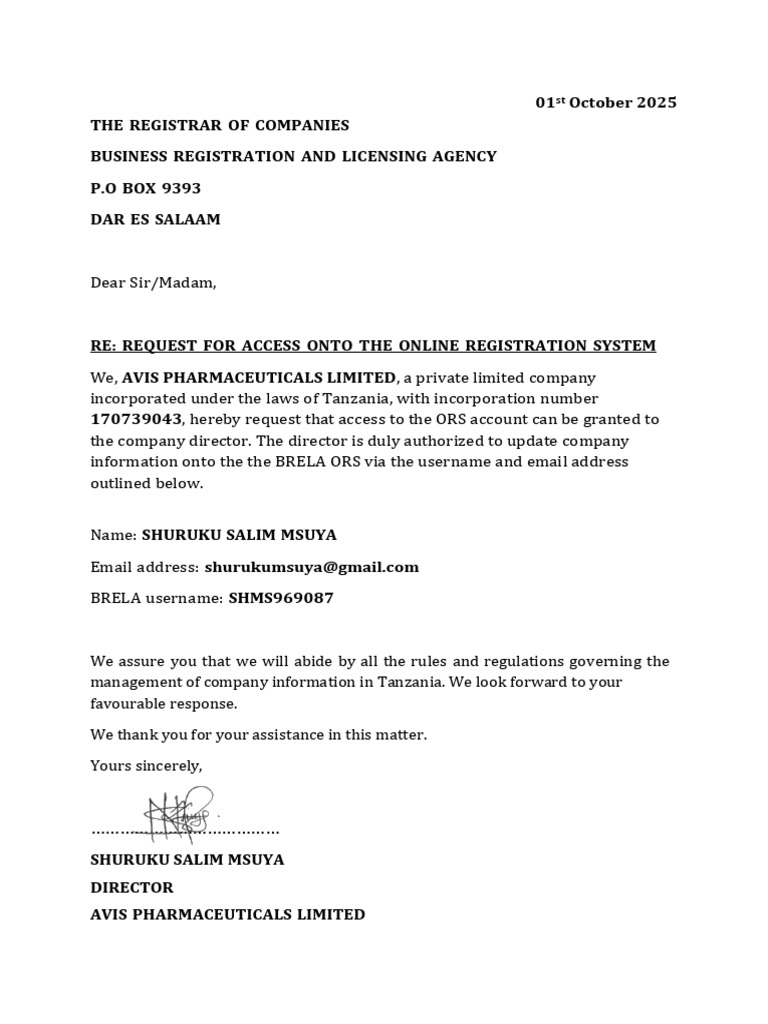 Access Request for BRELA Online System | PDF