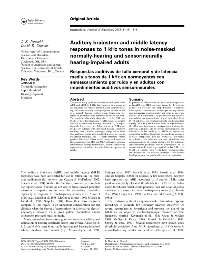 ABR MLR Amplitudes, Latencies Thresholds | PDF | Hearing Loss | Amplitude