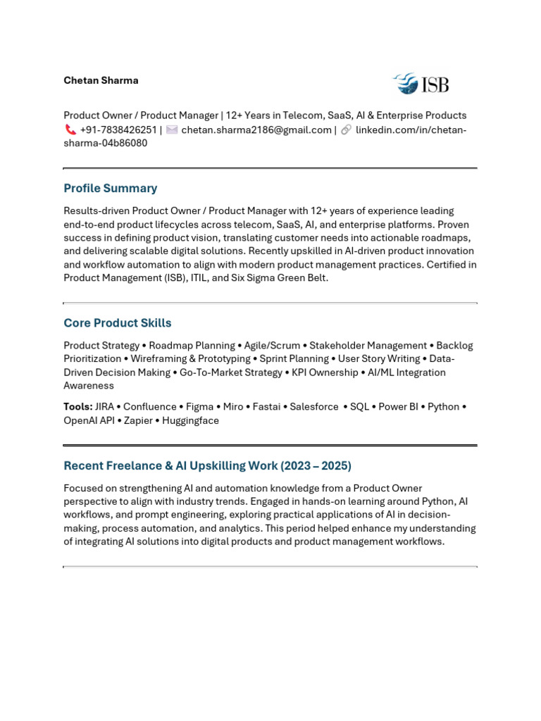 Chetan Sharma Product Manager CV | PDF | Scrum (Software Development ...