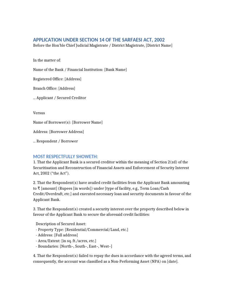 Application Under Section 14 SARFAESI Act | PDF | Credit | Finance ...