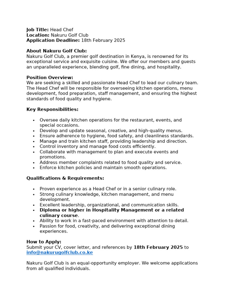 Job Advertisement - Head Chef | PDF
