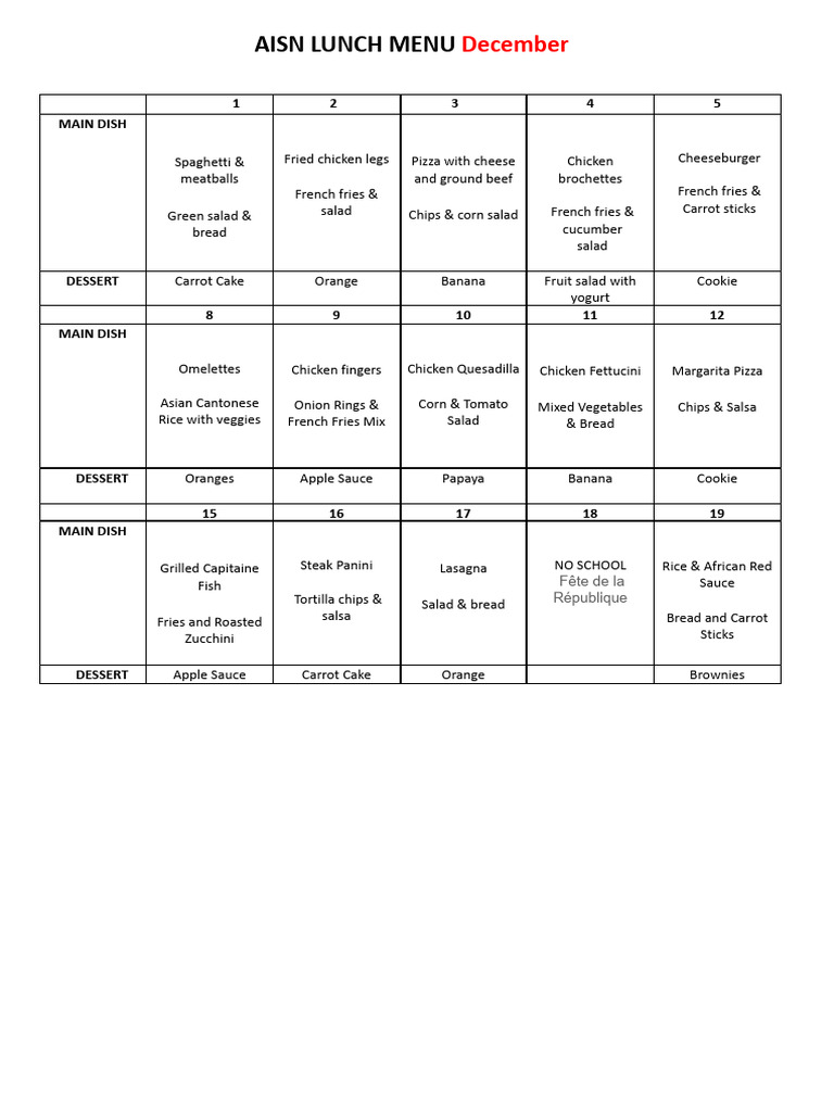 December Lunch Menu | PDF