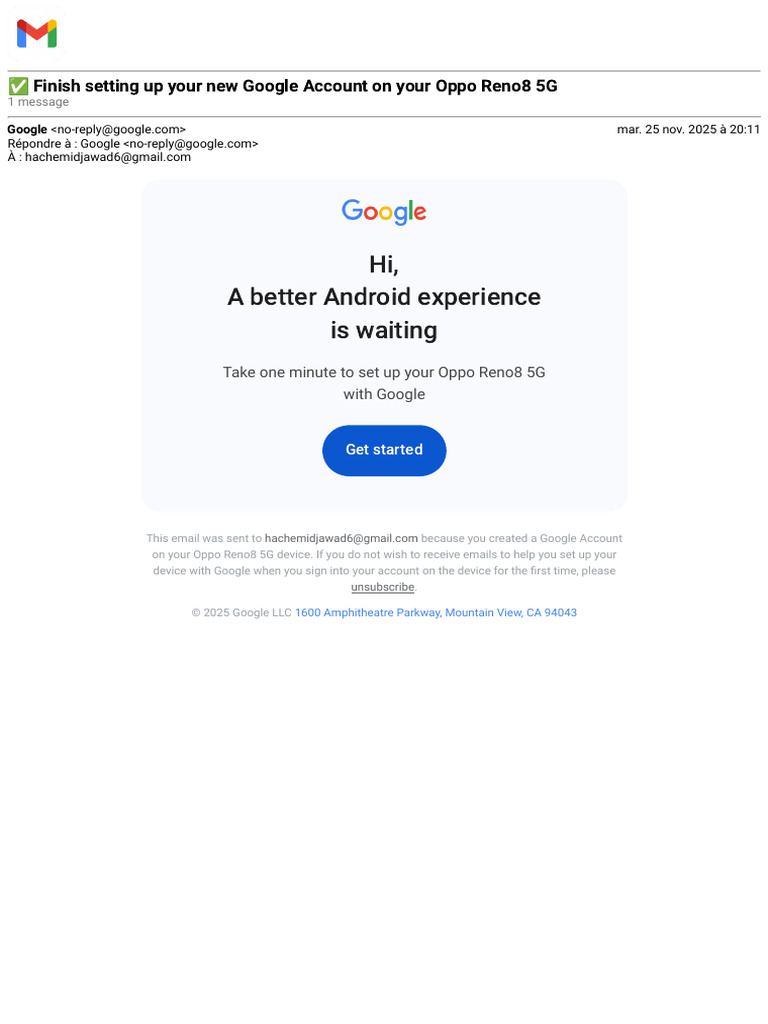 Gmail - Finish Setting Up Your New Google Account On Your Oppo Reno8 5G ...