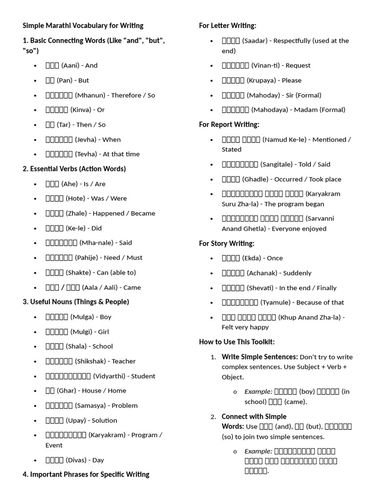 Simple Marathi Vocabulary For Writing | PDF