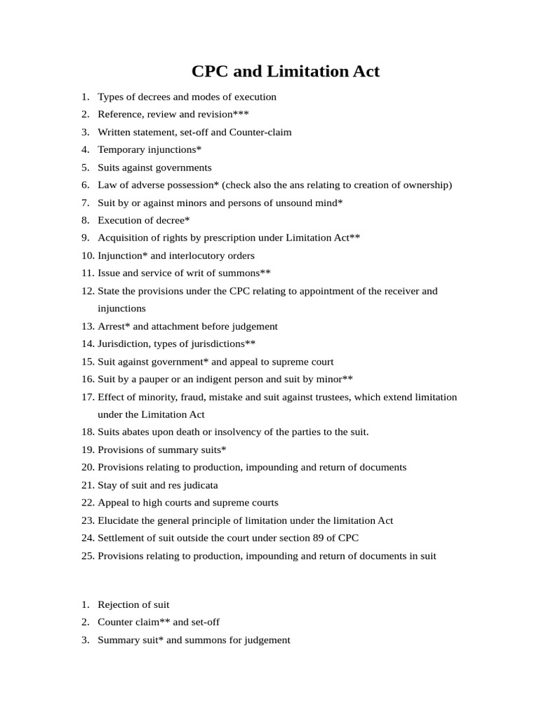 CPC and Limitation Act Questions | PDF | Lawsuit | Common Law
