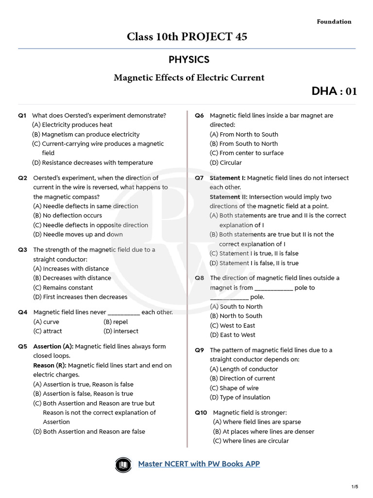 Magnetic Effects of Electric Current - DHA 01 | PDF | Magnetic Field ...