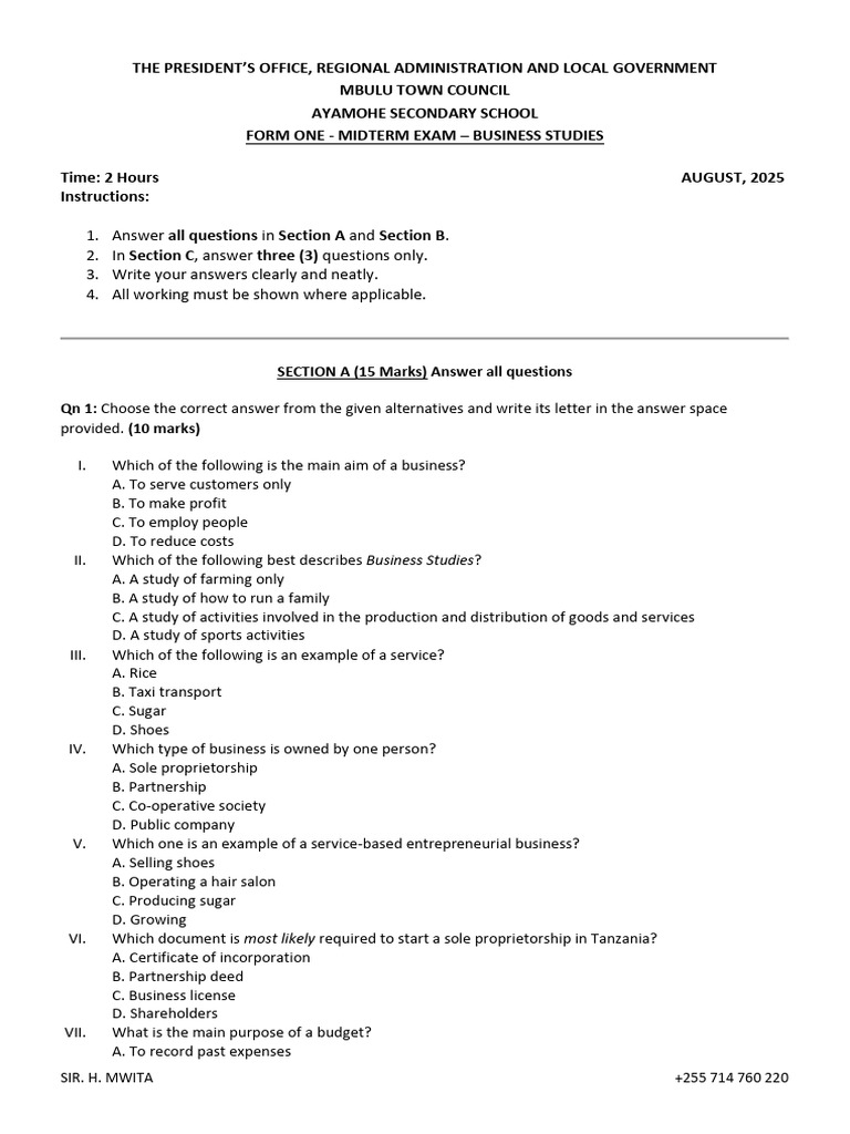 Exam Form One Business Studies - Sept 2025 | PDF | Sole Proprietorship ...