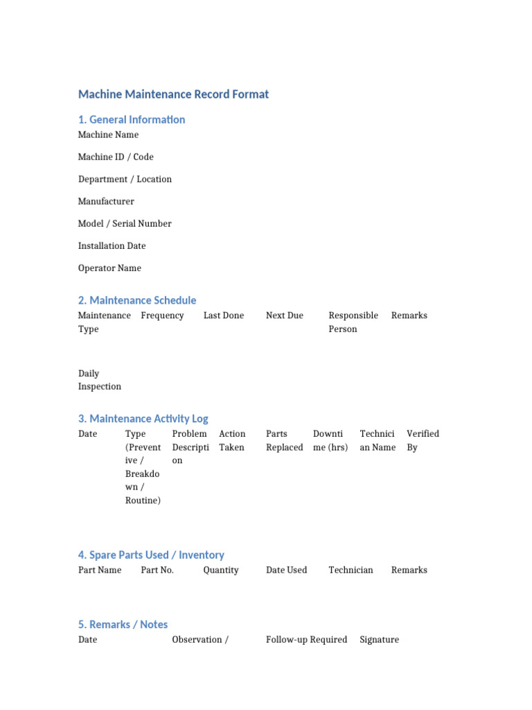 Machine Maintenance Record Template | PDF
