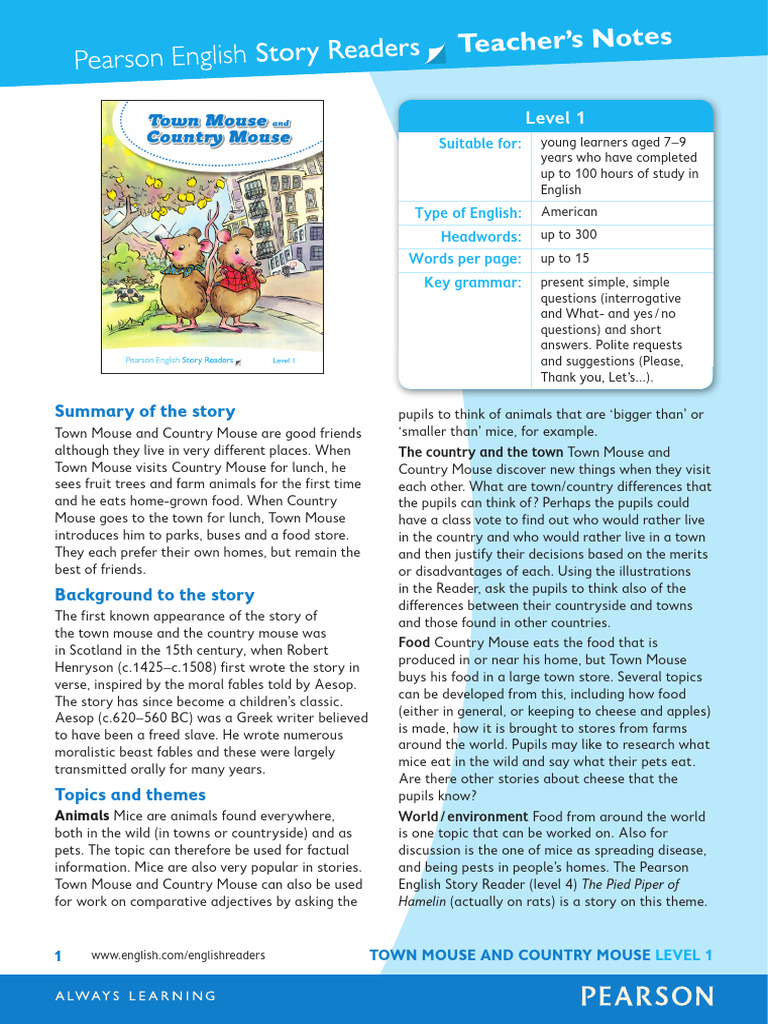 Town Mouse & Country Mouse Summary | PDF | Mouse | Fable
