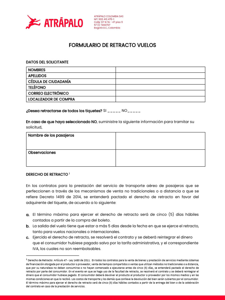 Formulario de Retracto para Vuelos | PDF | Los consumidores