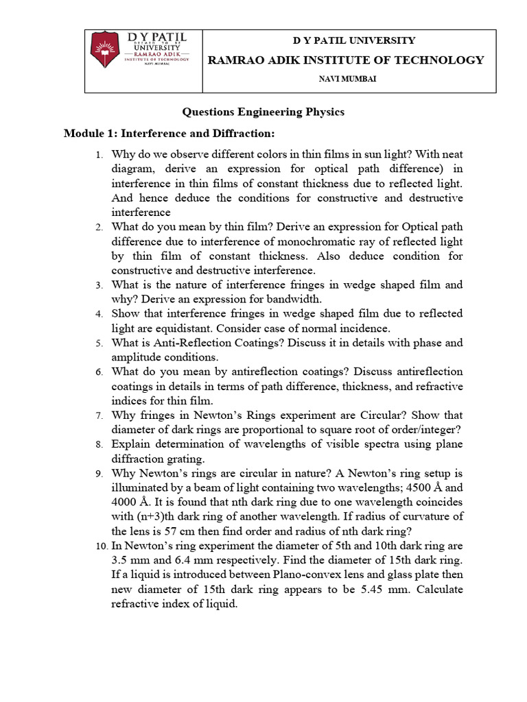 Engineering Physics Questions and Concepts | PDF | Optical Fiber | Electron