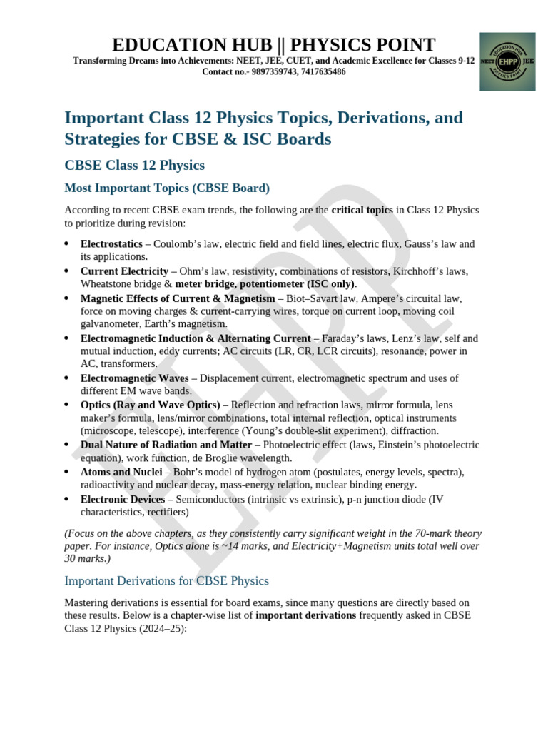 Important Class 12 Physics Topics, Derivations, and Strategies For CBSE ...