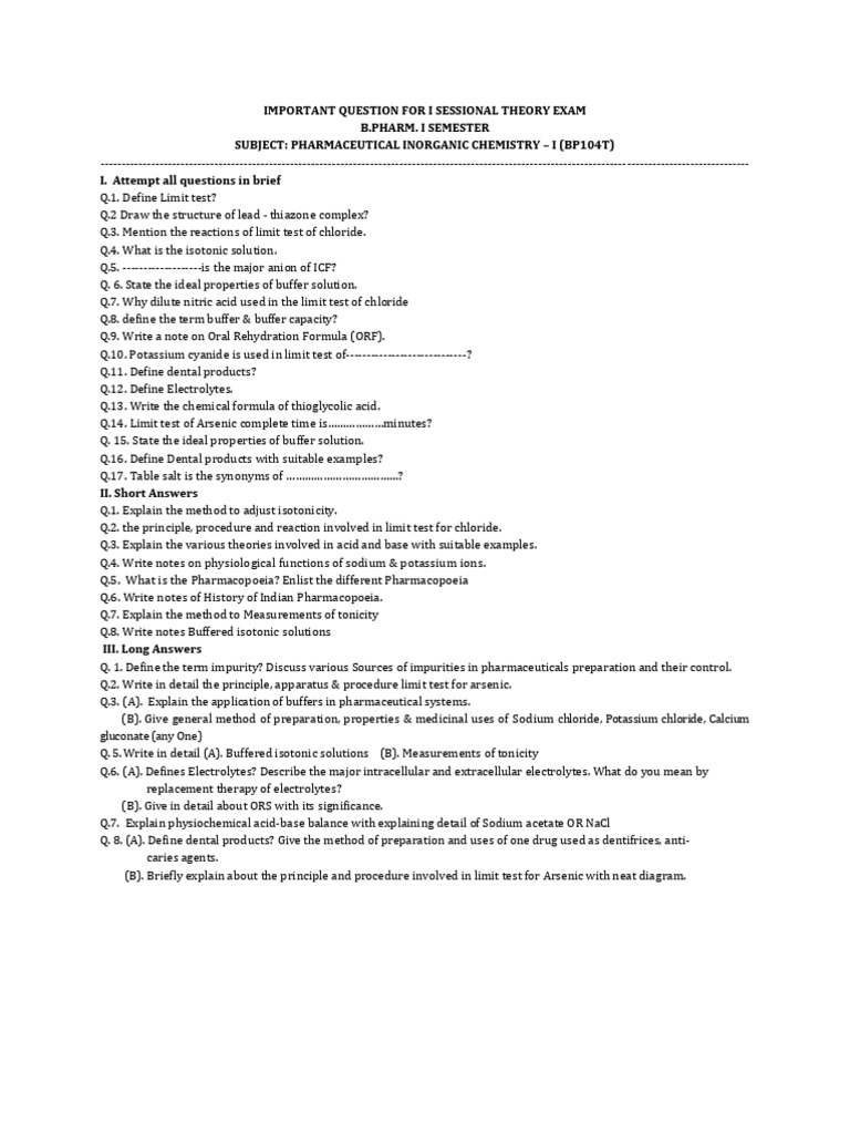 First Sessional Theory Examination Important Question | PDF ...
