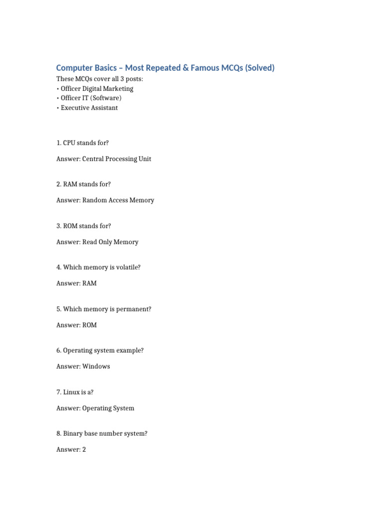 Computer Basics MCQs for IT Roles | PDF | Computer Data Storage ...