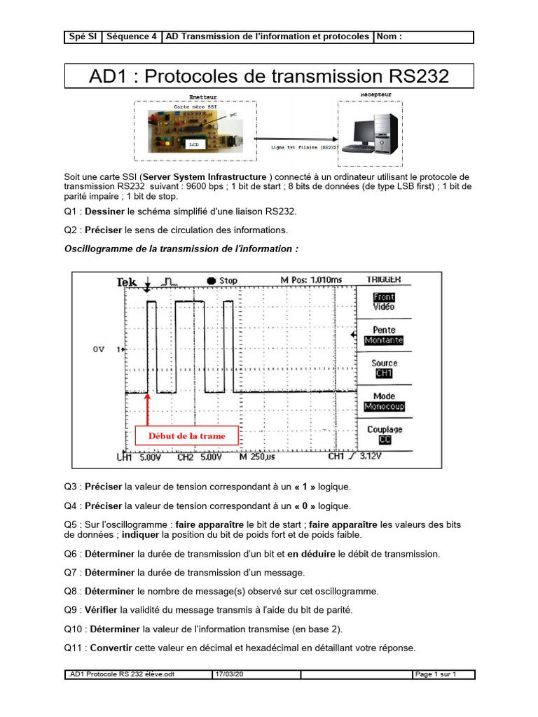 AD1 Protocole RS 232 Eleve | PDF