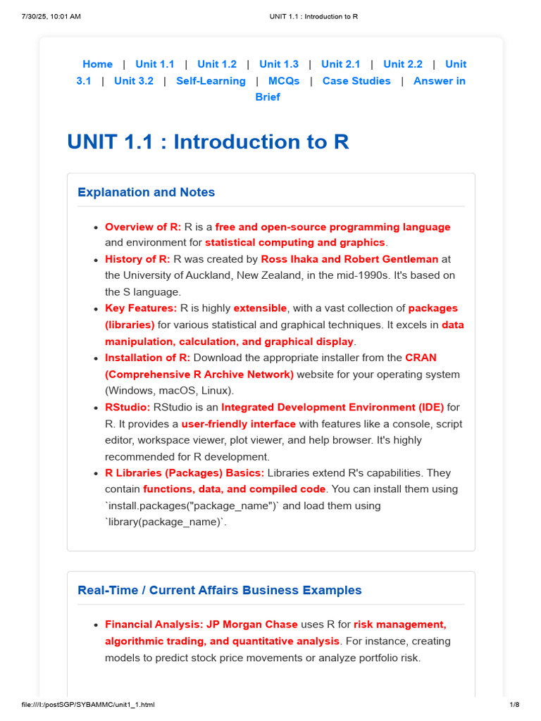 UNIT 1.1 _ Introduction to R | PDF | R (Programming Language) | Machine ...